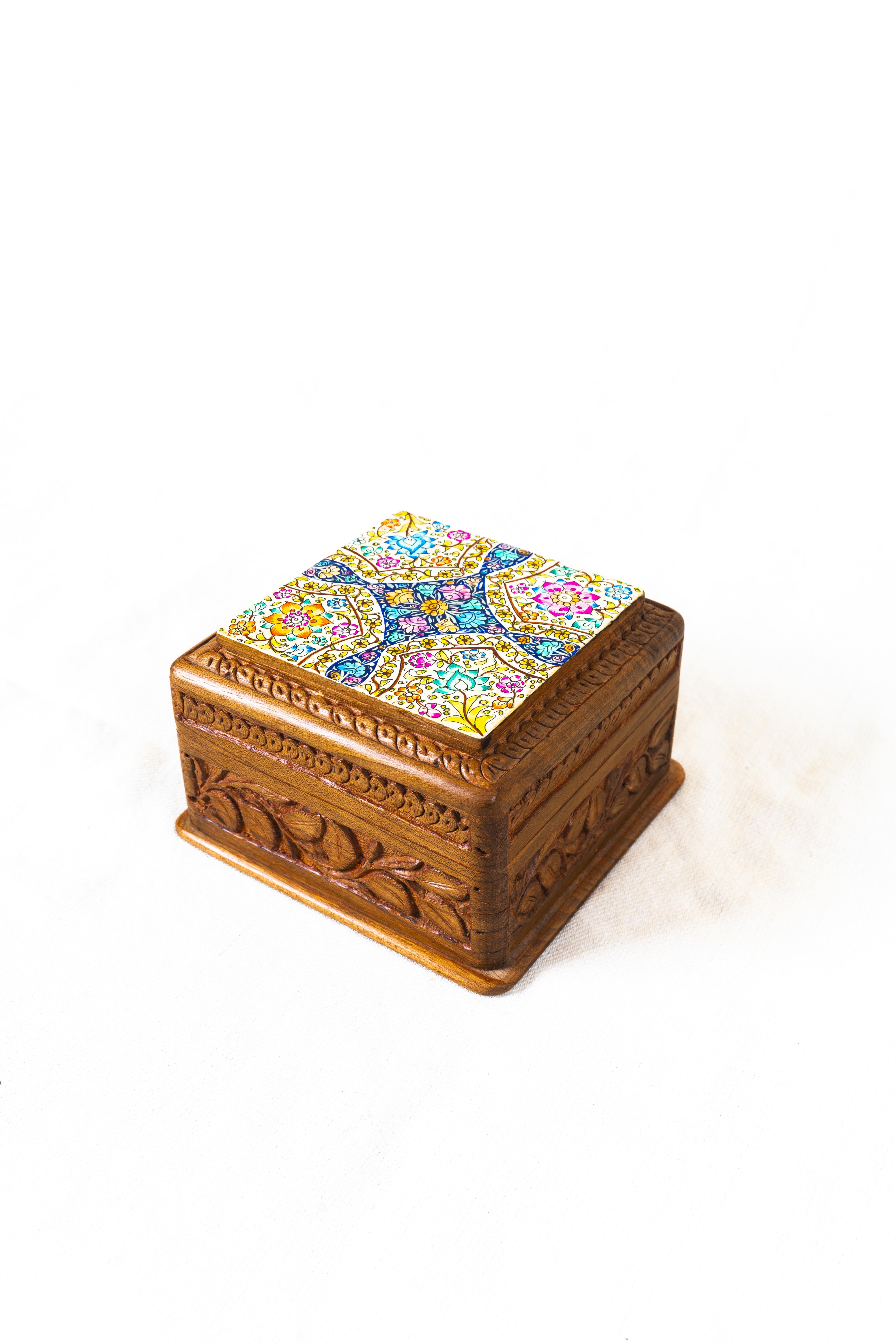 Handcrafted Walnut Wood Decorative Box with Papier-Mâché Top – KashmKari