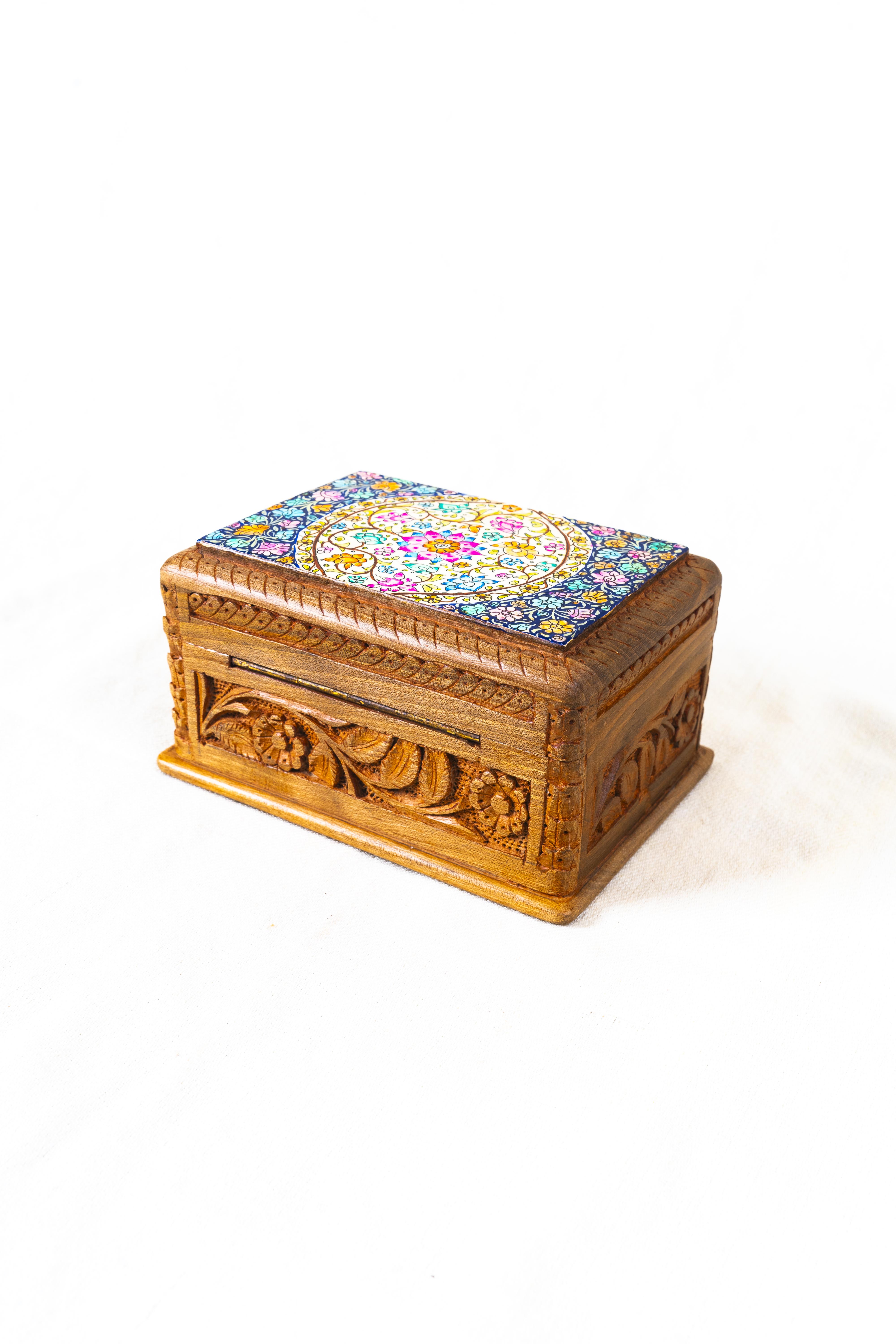 Handcrafted Walnut Wood Decorative Box with Papier-Mâché Top – KashmKari