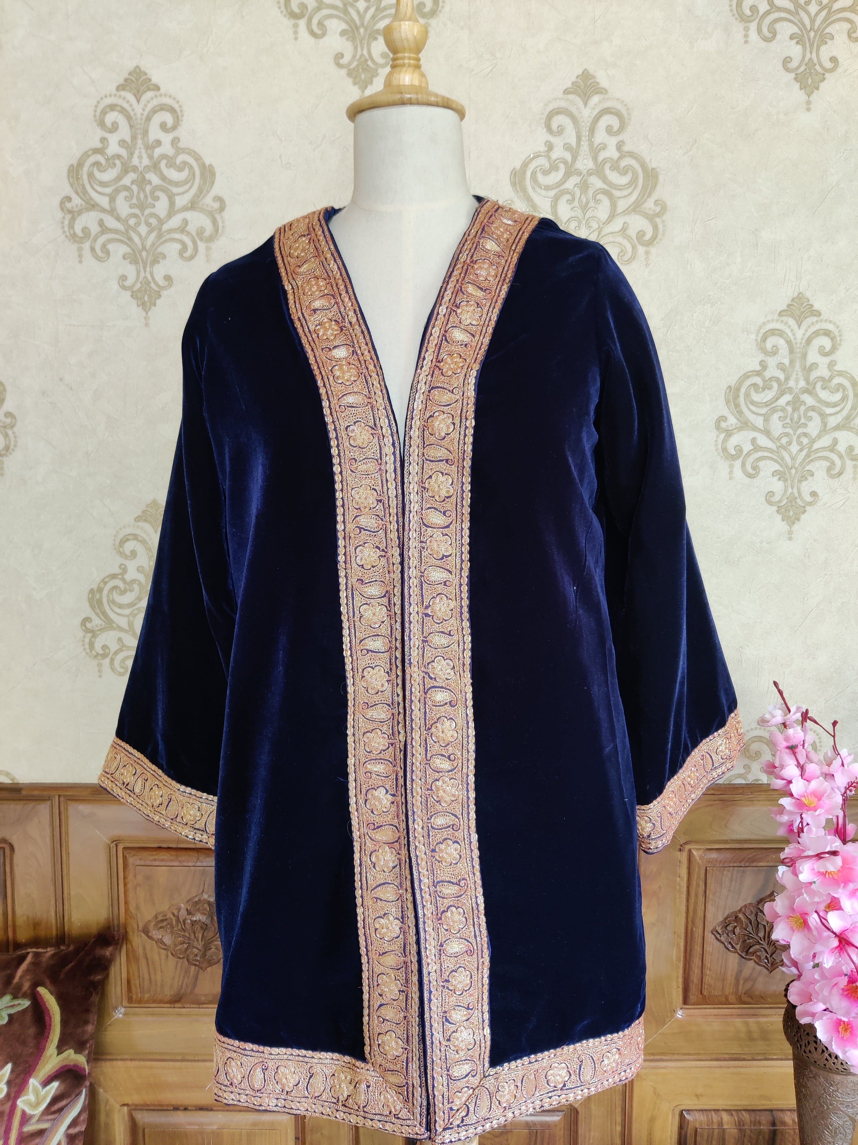 Blue Kashmiri Robe With tilla Embroidery , Luxurious Velvet Kimono Rob ...