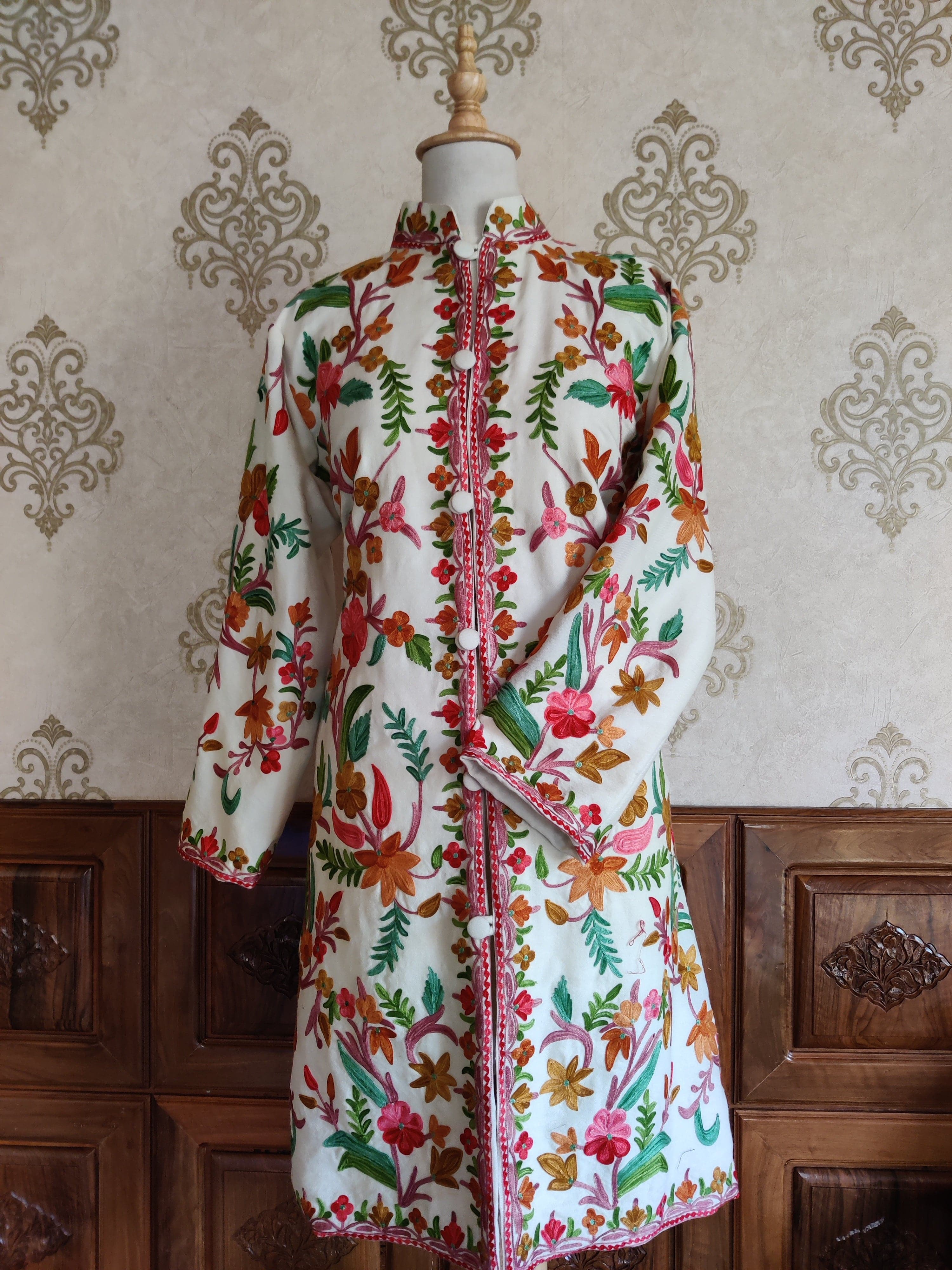 Get White Kashmiri coat With Bohemian Embroidery at best price Online ...