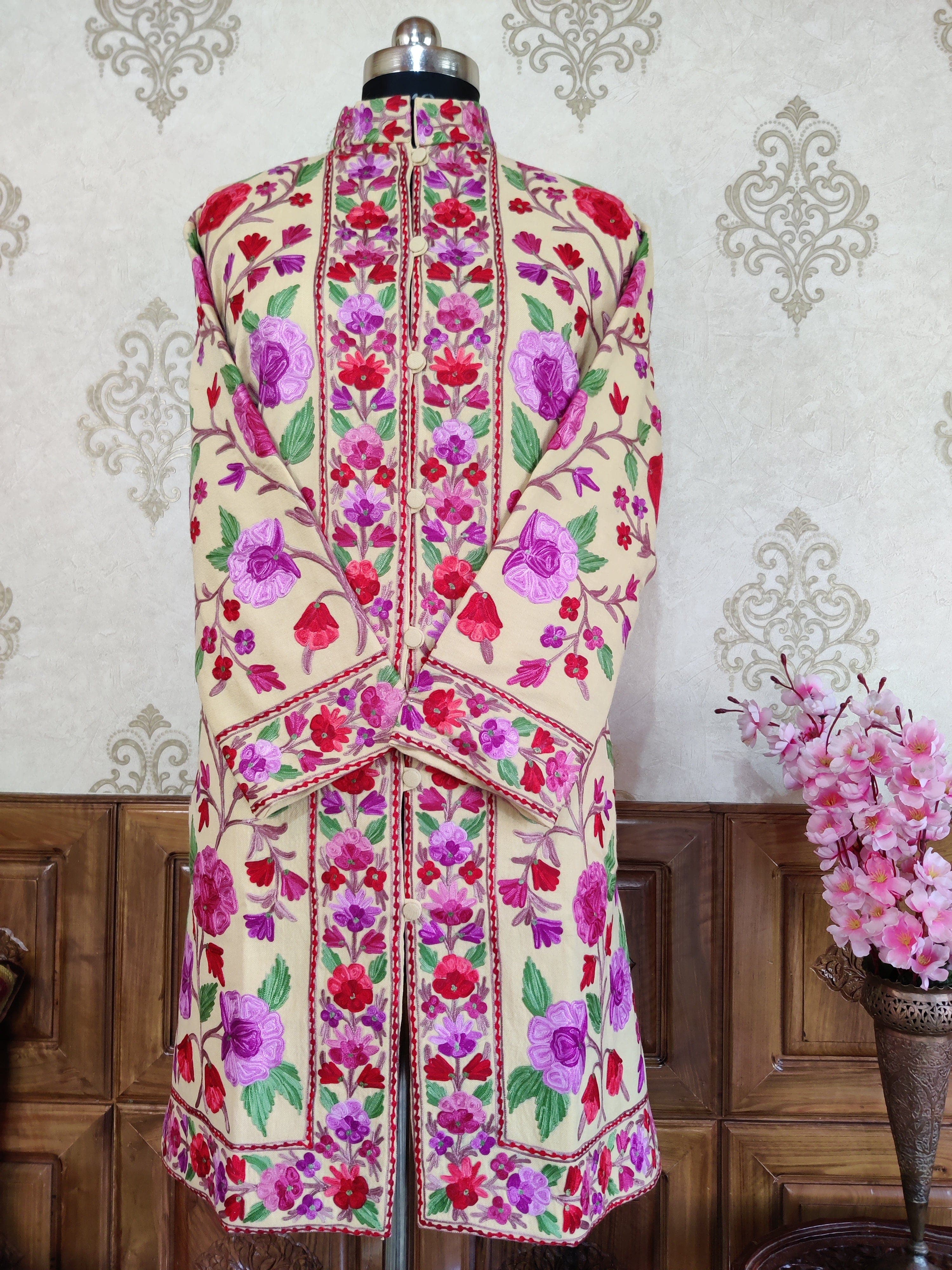 Buy White Kashmiri coat With Boho-Hippie Embroidery at best price ...