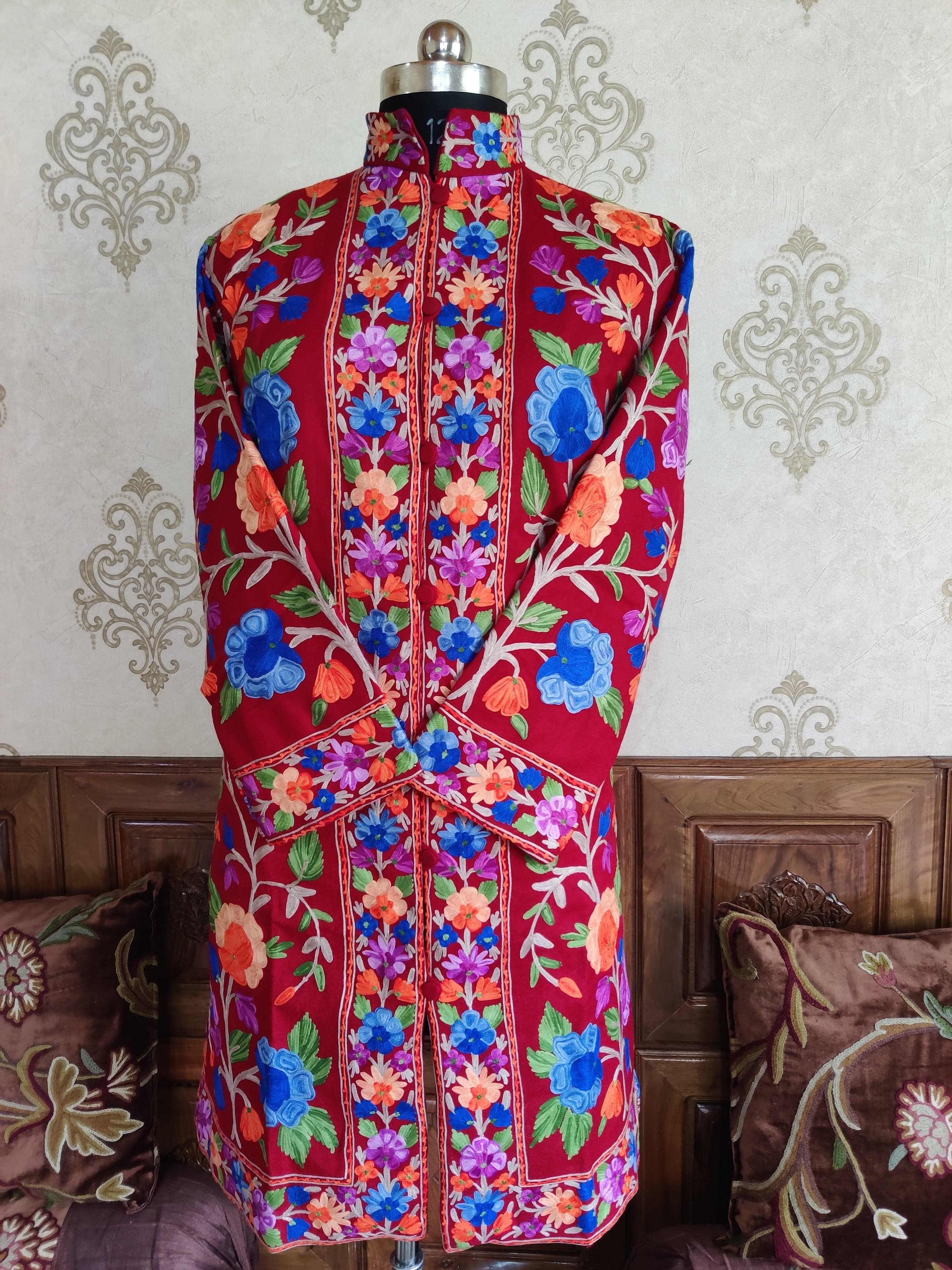 Buy Maroon Long Kashmiri Jacket With Boho-Floral Embroidery at best ...